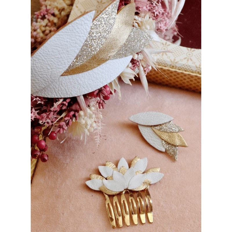 Barrette Mackenzie en chutes de cuir Blanc paillettes or - May & June